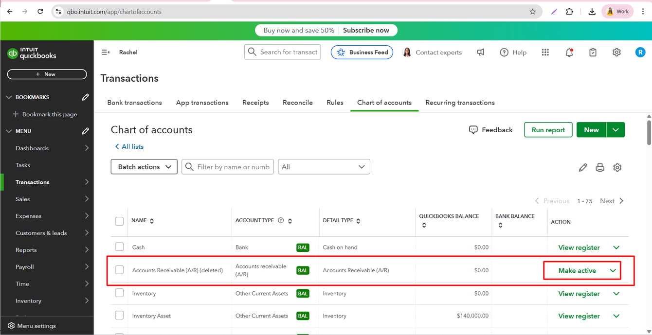 How to make an account active in Chart of accounts at your QuickBooks ...